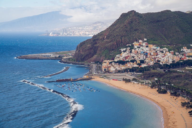 Aerial view of Playa de las Teresitas golden sand beach in Tenerife