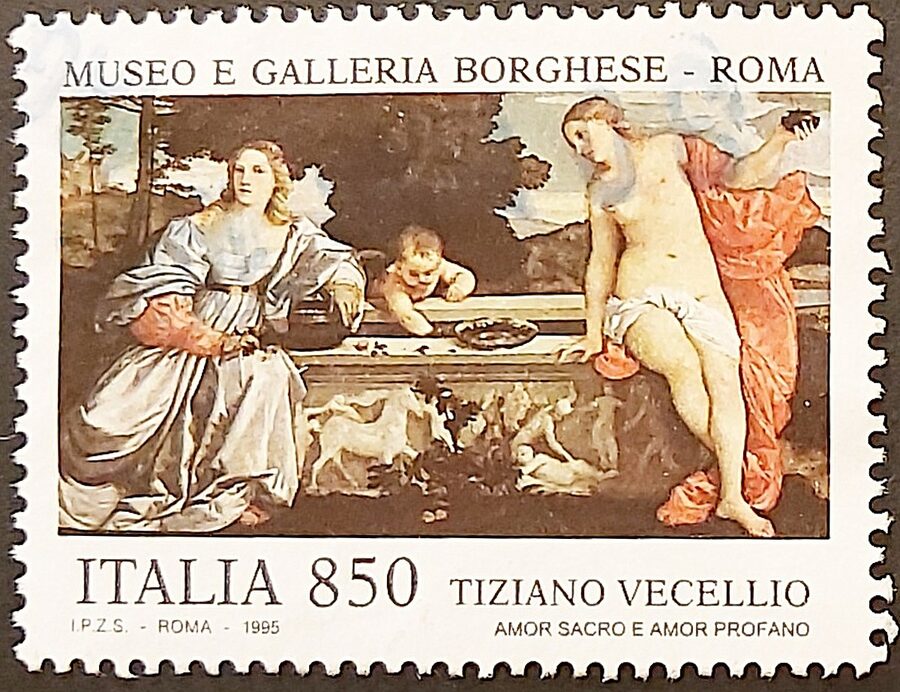 Sacred and Profane Love painting by Titian showing two women at a fountain in the Galleria Borghese