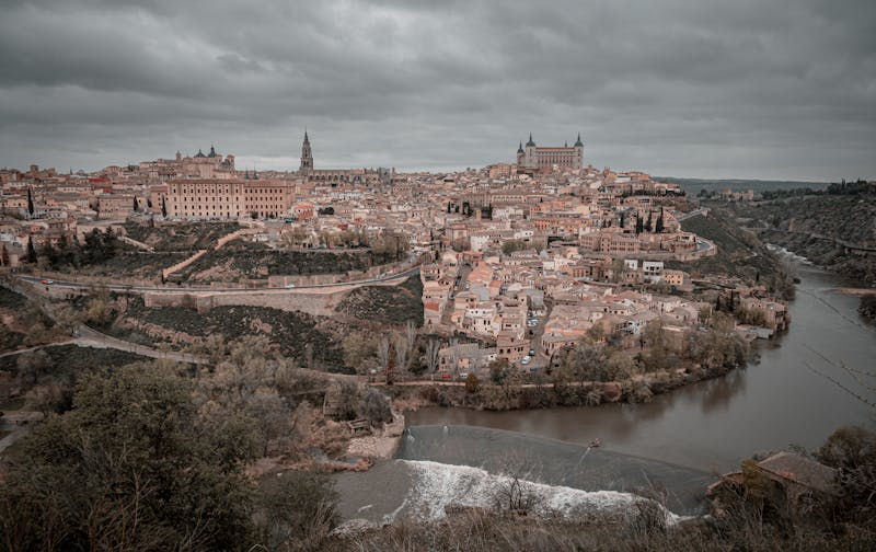 Aerial panorama of Toledo Spain showing the medieval city surrounded by the Tagus River