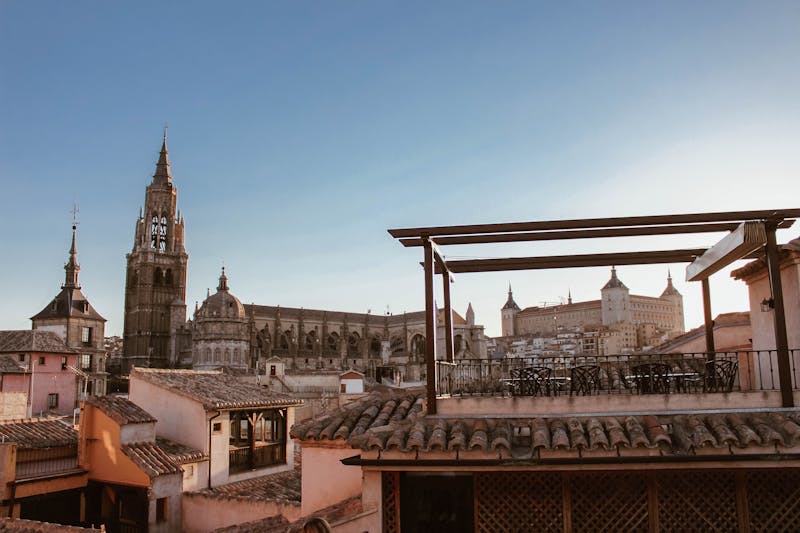 Toledo Cathedral tower and spires rising above the historic city skyline in Spain