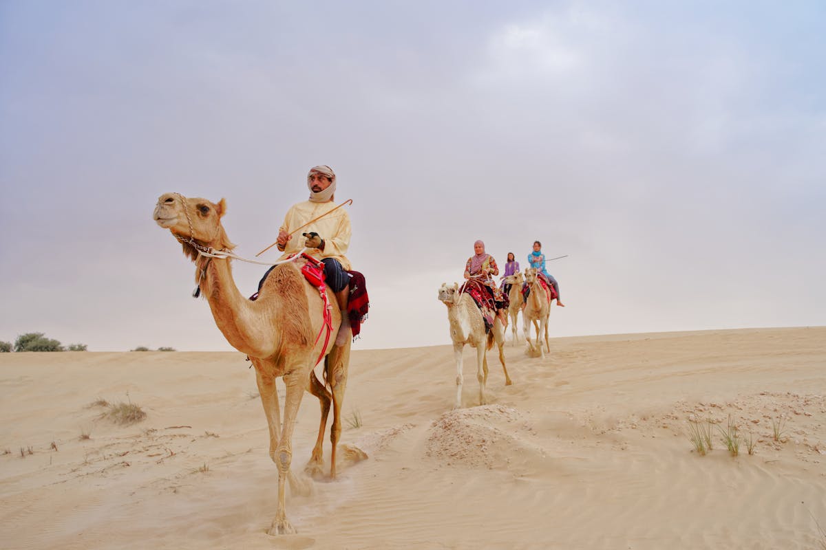 Tourists enjoy a scenic camel ride through desert sands under a clear sky