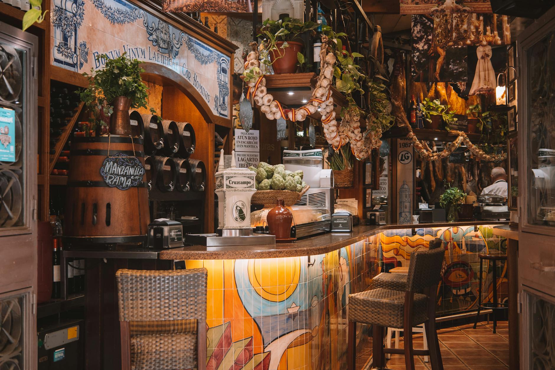 Traditional tapas bar interior in Spain with rustic decor