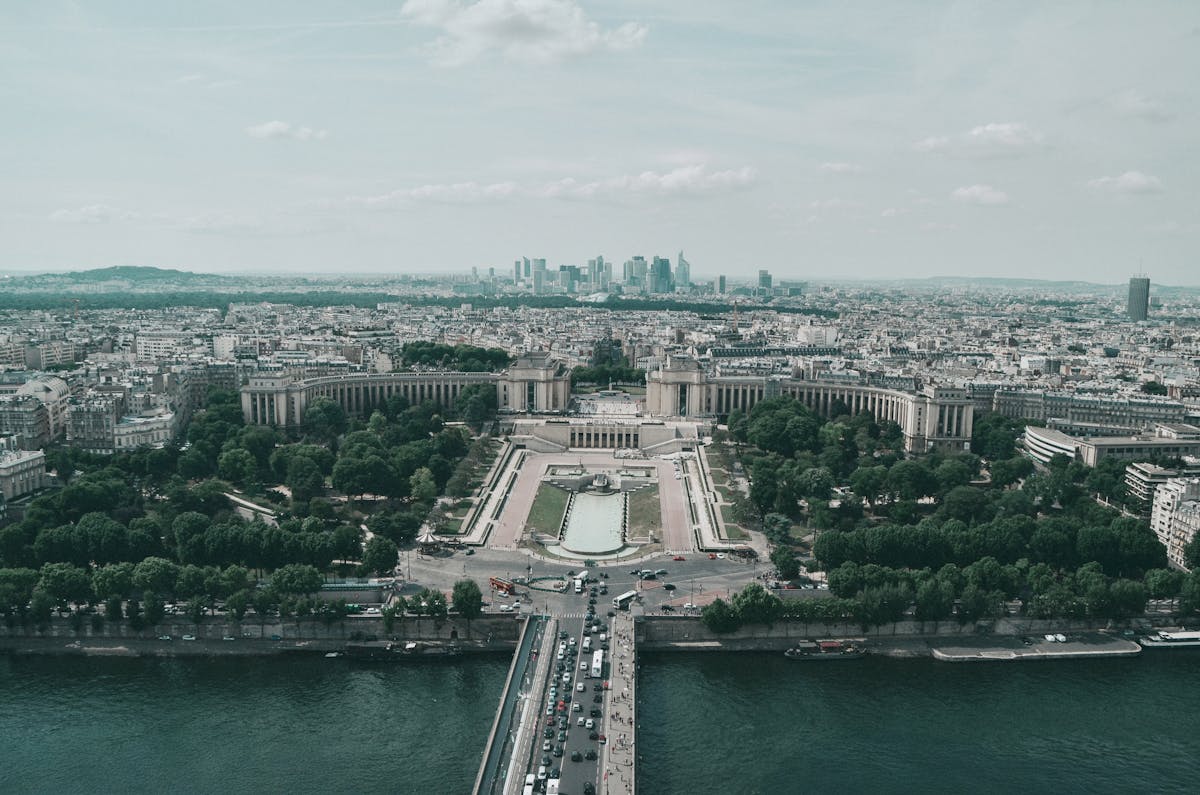 Aerial view of the Palais de Chaillot at Trocadero with Paris skyline