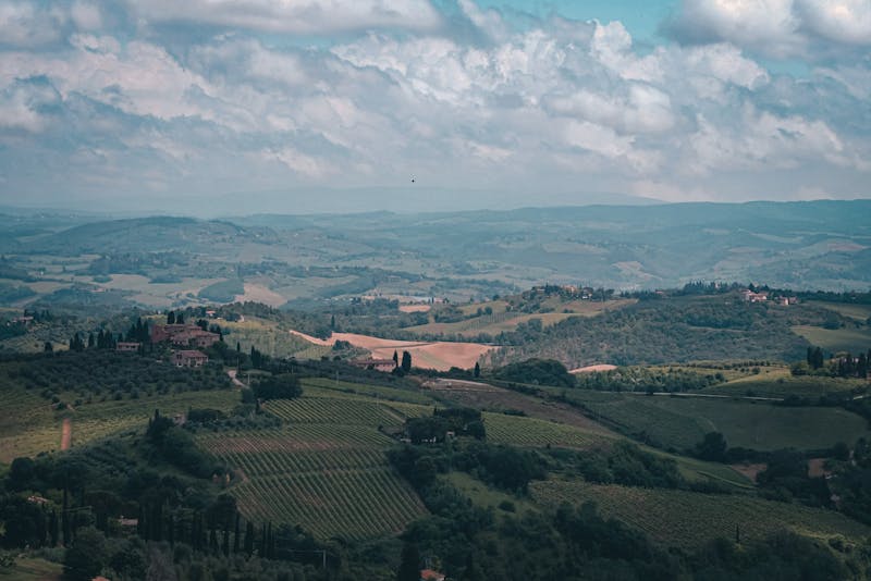 Aerial photograph of Tuscany rolling green hills with vineyards and farmhouses