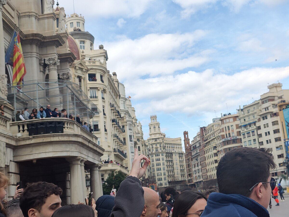 Smoke and pyrotechnics during the mascleta at Las Fallas 2023