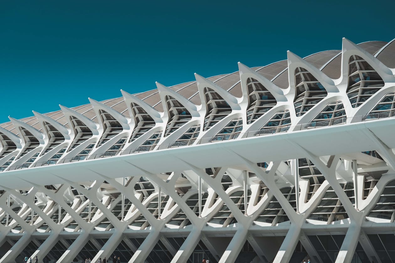 Modern architecture of the City of Arts and Sciences reflected in water in Valencia Spain