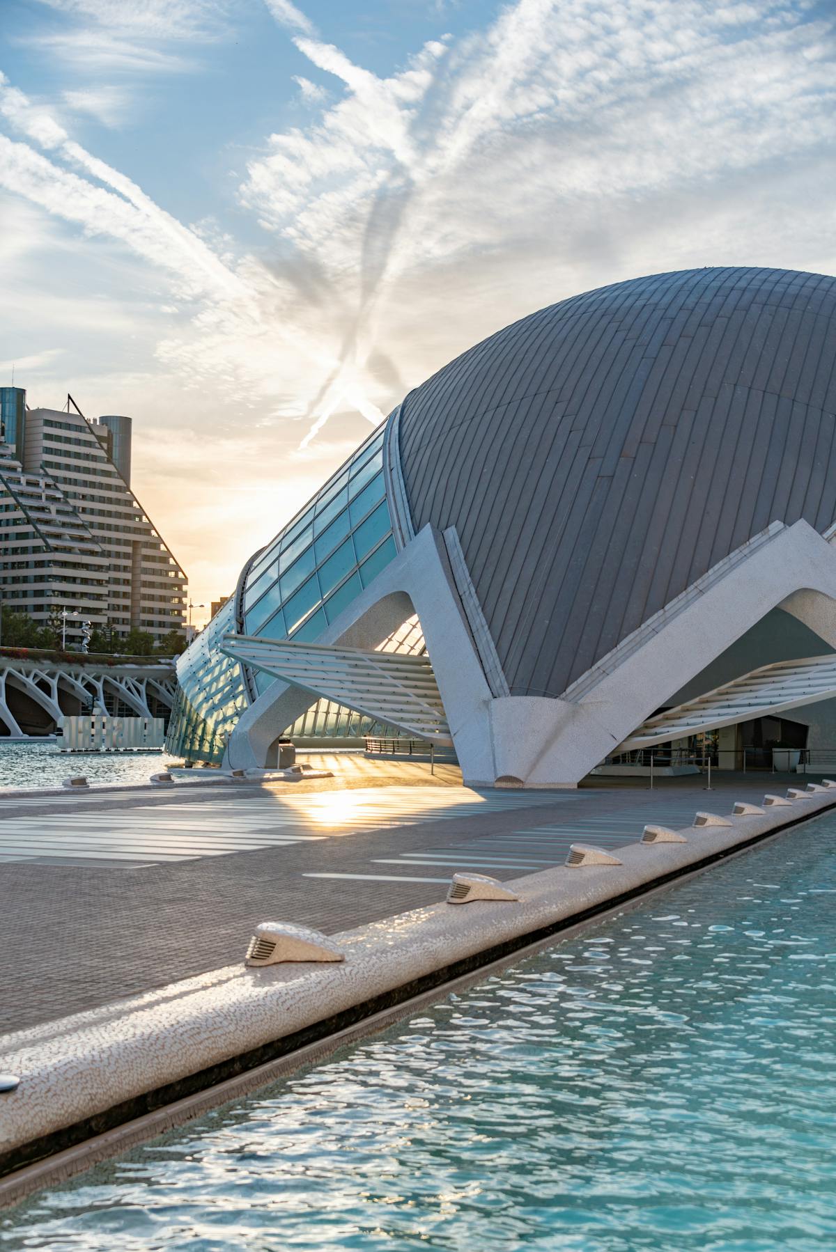 Hemisferic building at sunrise highlighting its modern architecture
