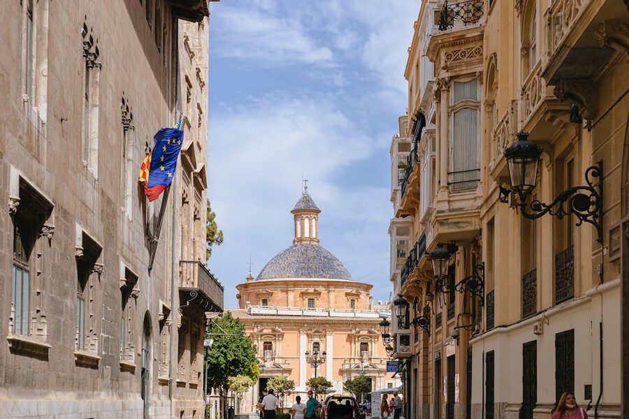 Historic buildings and narrow streets in the old quarter of Valencia Spain