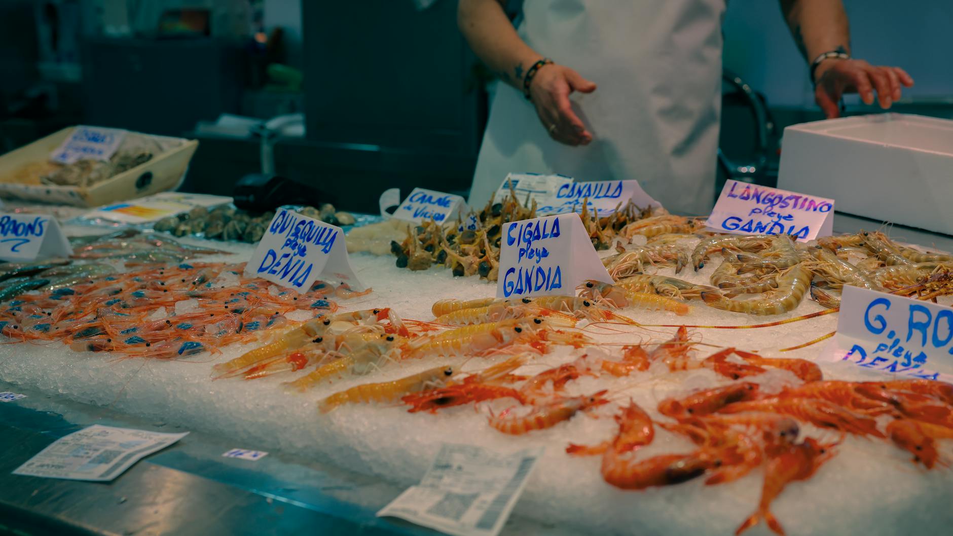 Prawns and langoustines on display at a Valencia market