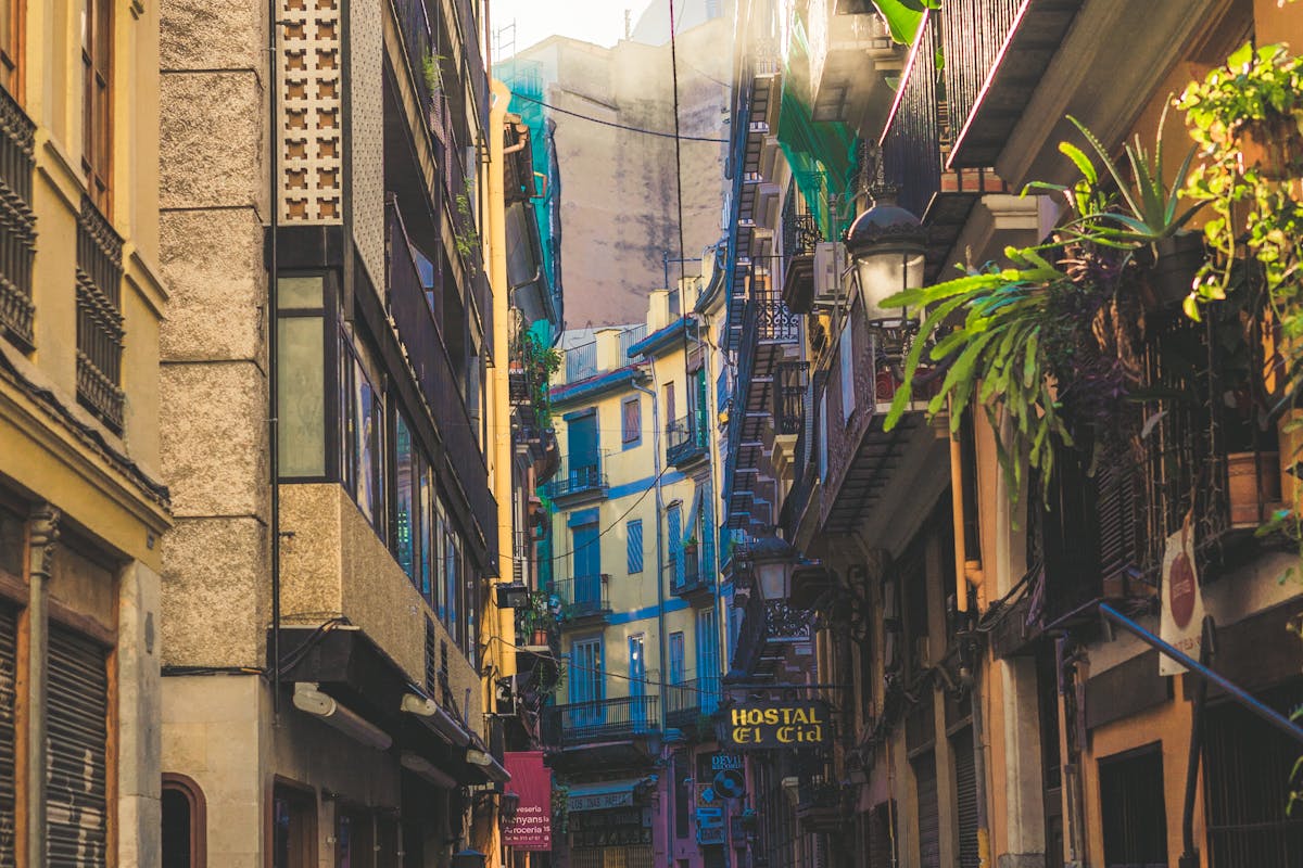 Colorful narrow street with traditional buildings in Valencia old town