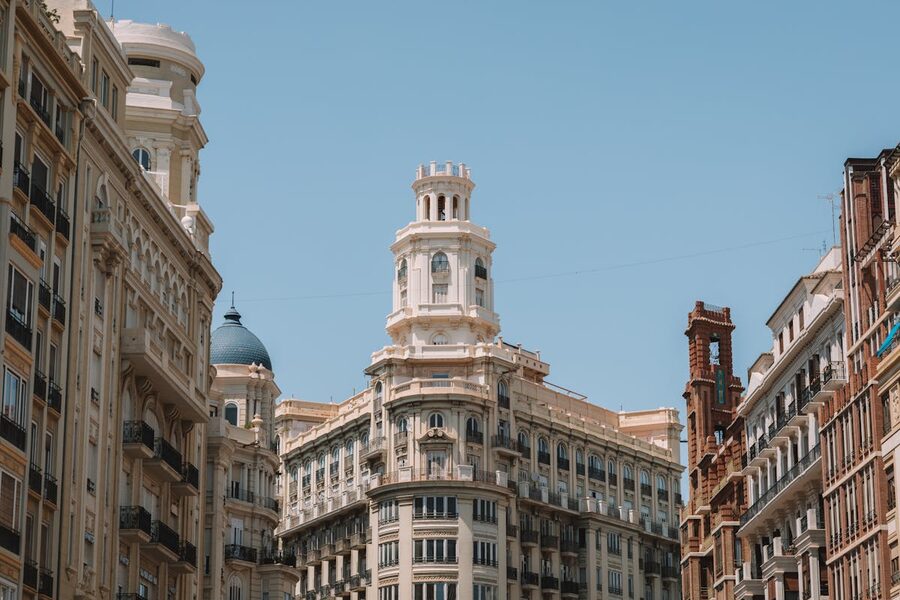 Neoclassical buildings along a street in Valencia historic centre