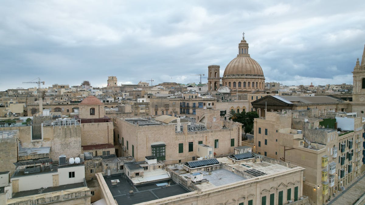 Aerial view of Valletta skyline with cathedral dome