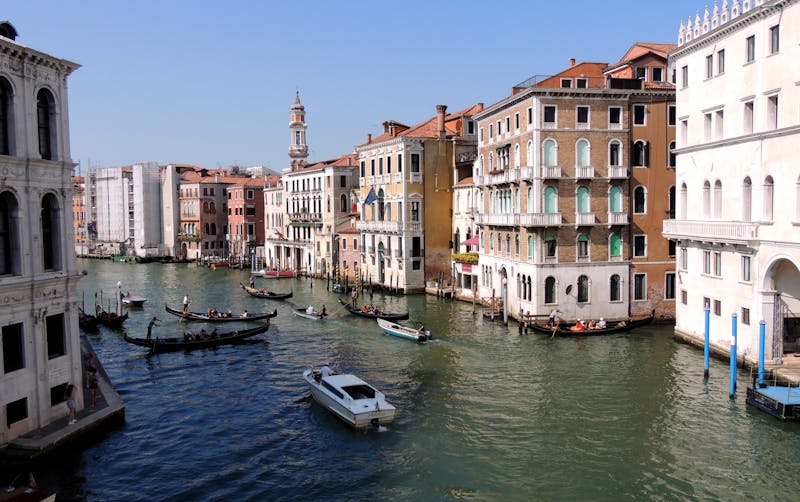 Beautiful aerial view of Venice Grand Canal with gondolas and historic architecture