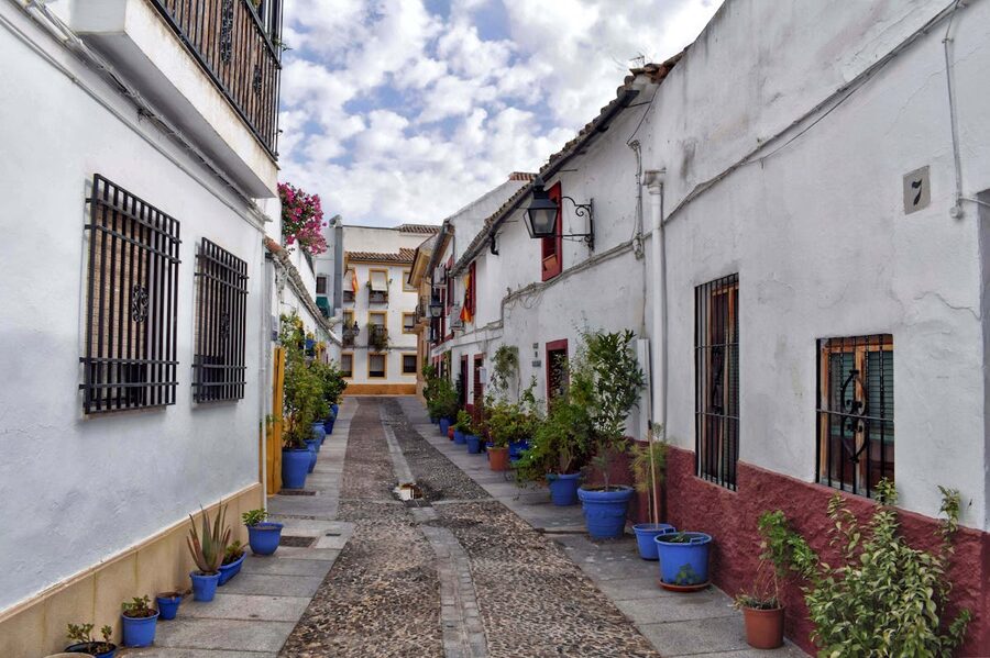 A narrow whitewashed alley in Cordoba lined with bougainvillea and flower pots