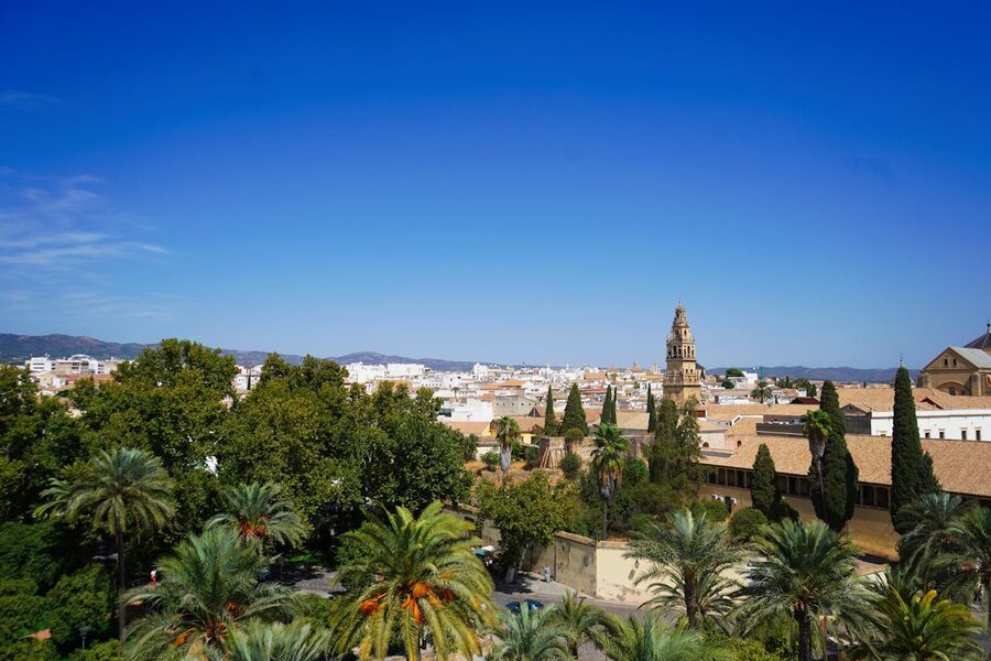 An aerial view of Cordoba Spain featuring historic stone architecture and lush green gardens