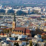Aerial view of Vienna Austria showing historic church spire and cityscape