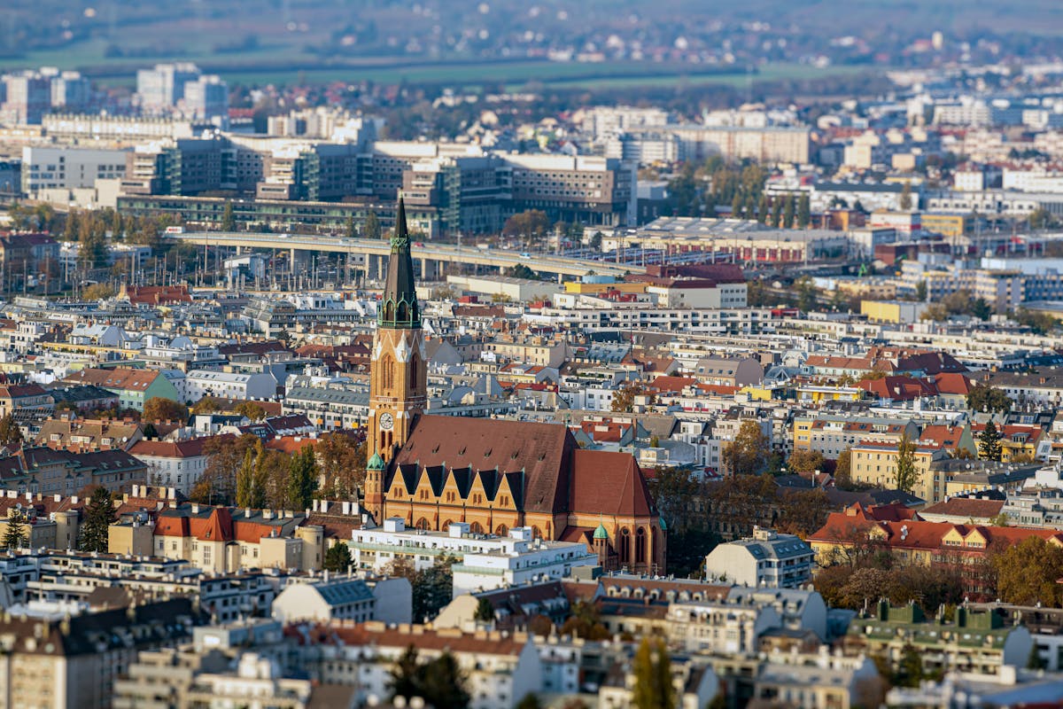 Aerial view of Vienna Austria showing historic church spire and cityscape