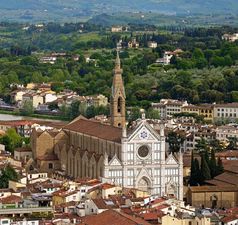 Panoramic view of Florence showing Basilica of Santa Croce and terracotta rooftops from Giottos Bell Tower