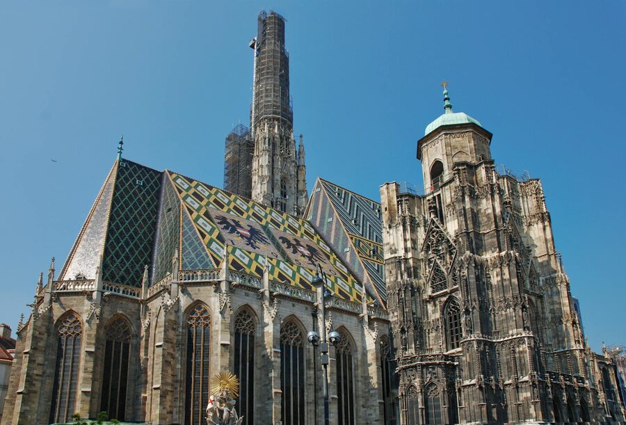 Stunning view of the gothic architecture of St. Stephens Cathedral in Vienna.