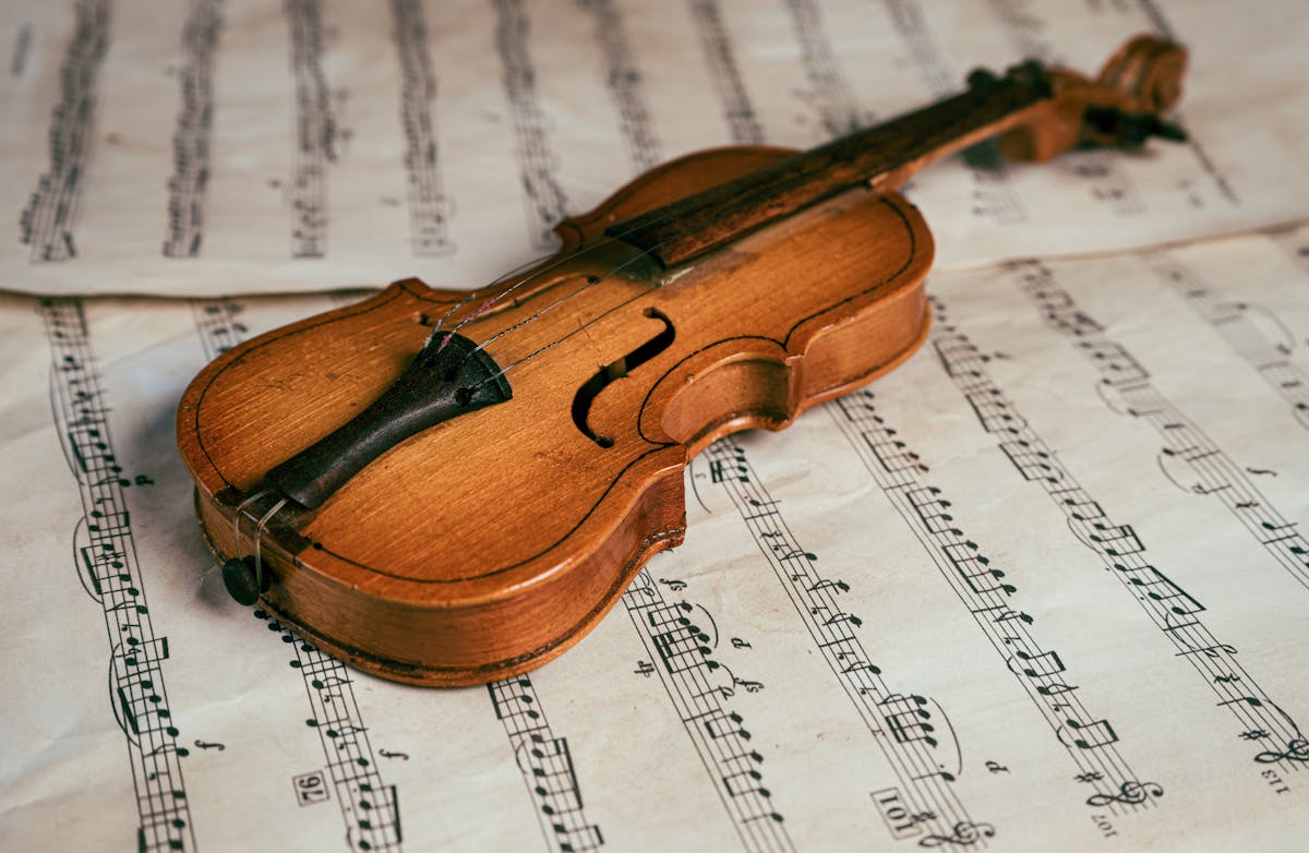 Close up of a vintage violin on sheet music