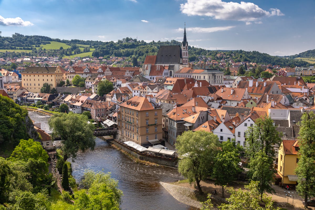 The Vltava River winding through the historic architecture of Cesky Krumlov