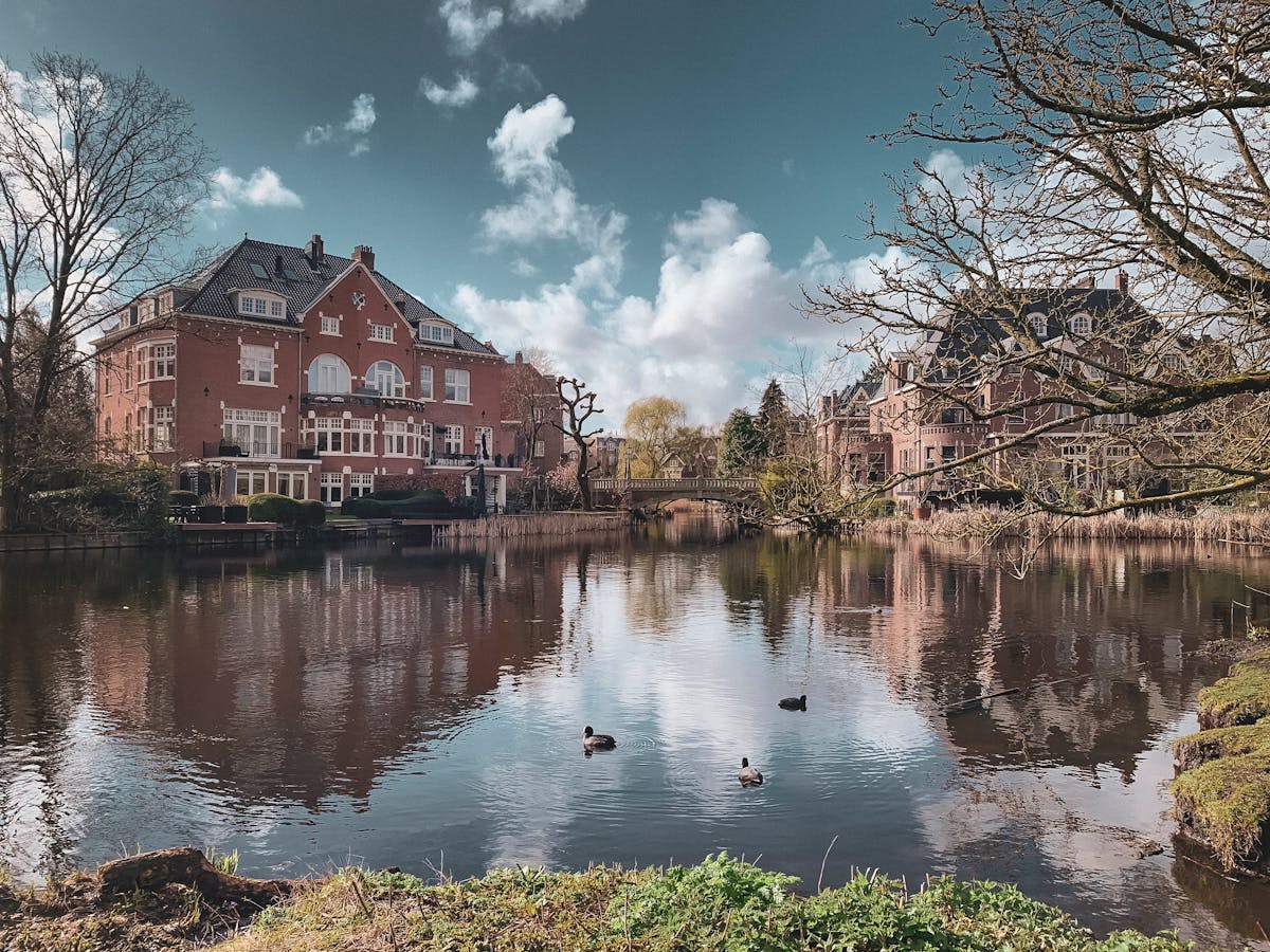 Serene view of a canal with historic buildings and ducks in Vondelpark Amsterdam
