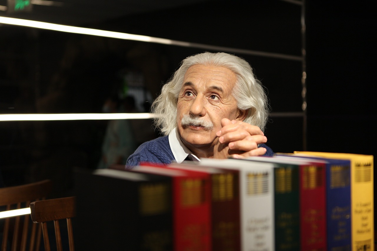 Wax figure of Albert Einstein in a museum setting