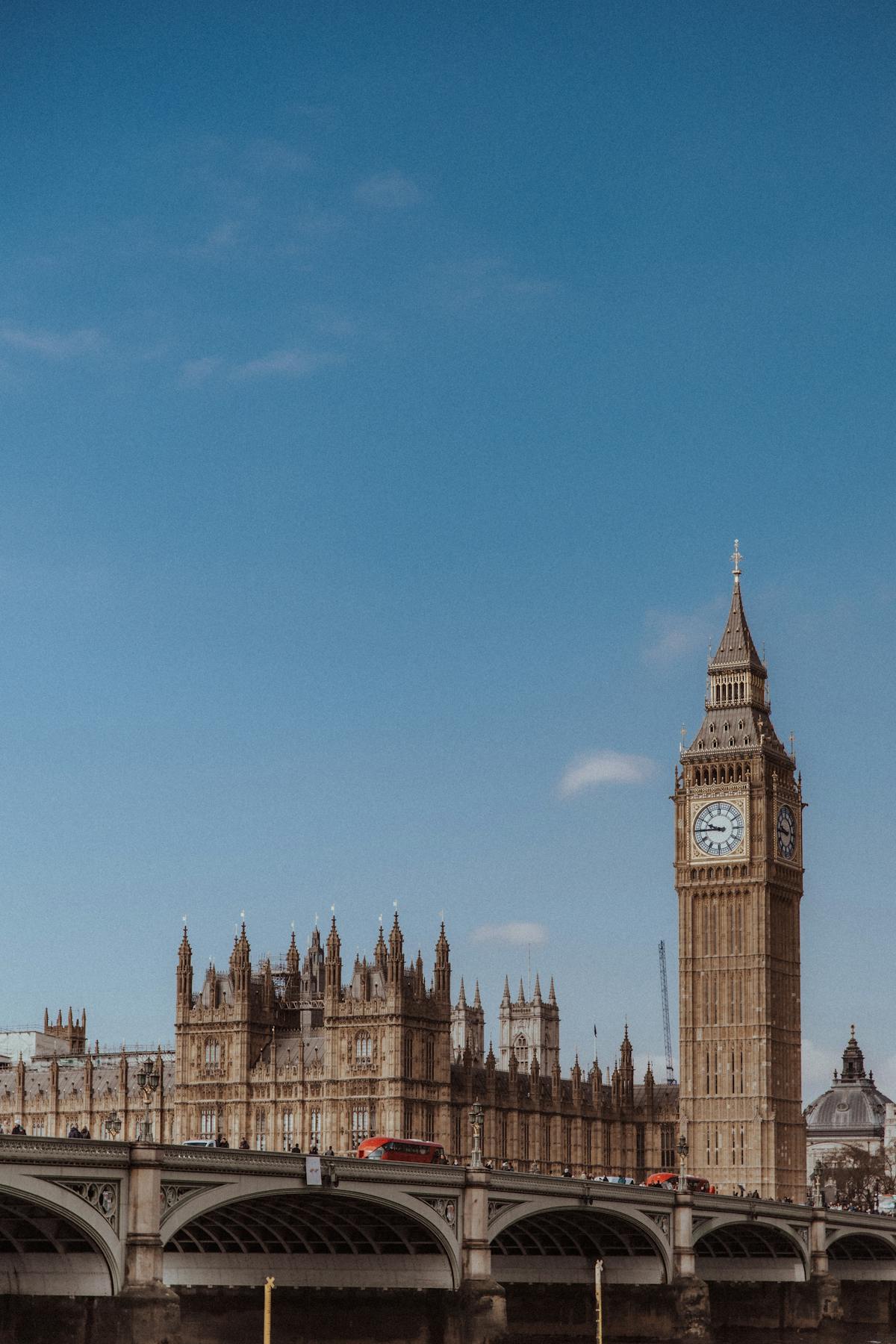 Big Ben and Westminster Bridge blue sky London
