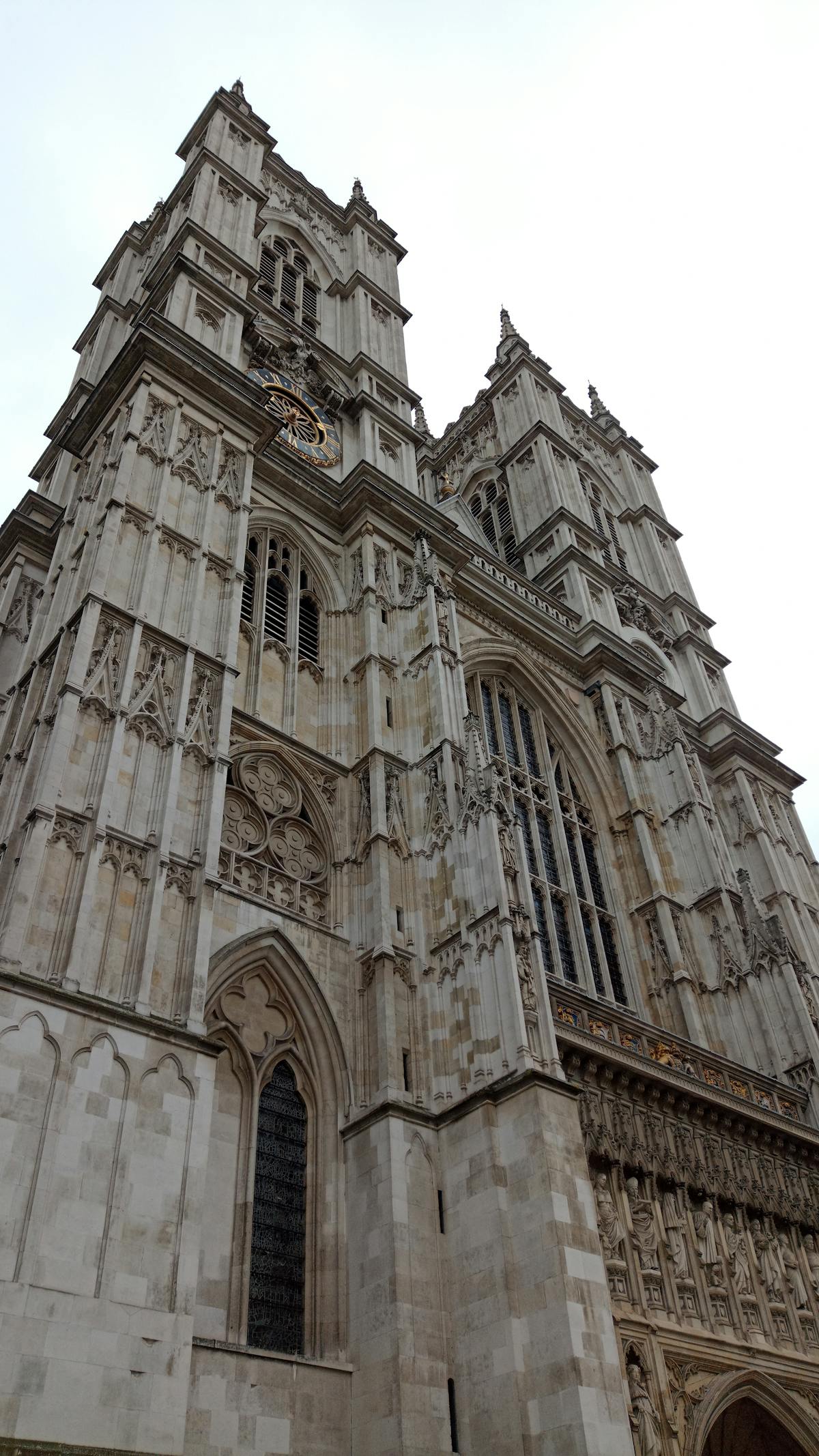 Westminster Abbey Gothic facade towering against London sky