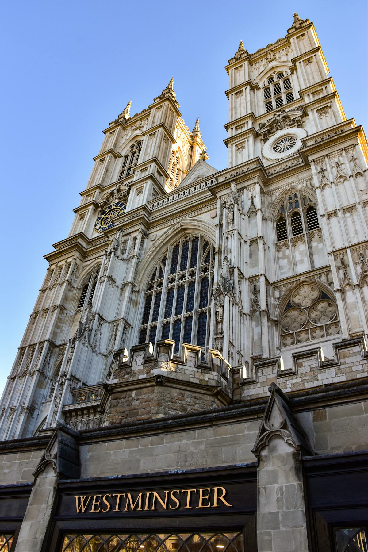 Westminster Abbey front entrance with Gothic architecture
