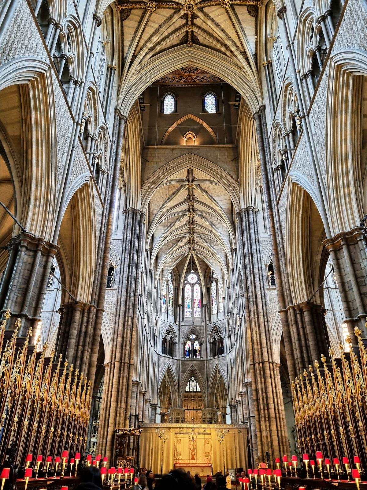 Gothic interior of Westminster Abbey with ornate ceiling