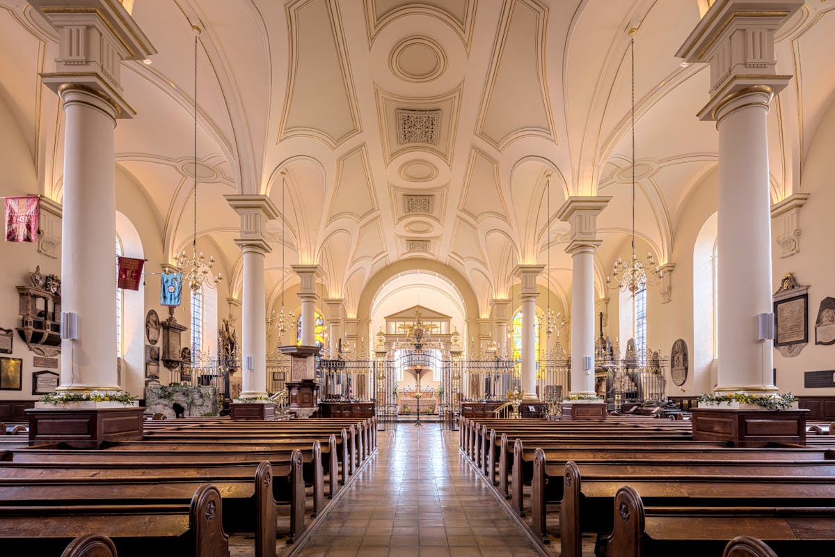 English cathedral interior with vaulted ceilings and arches