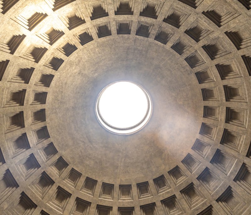 Wide-angle view of the Pantheon dome interior showing coffered ceiling pattern and central oculus