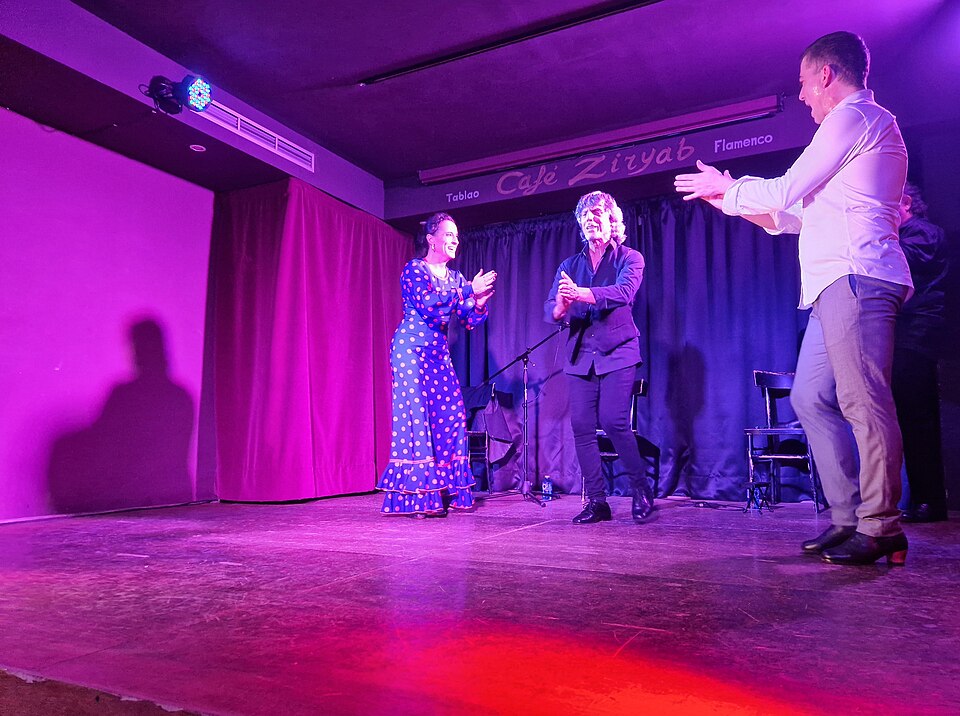 Flamenco performers engaged in palmas rhythmic hand clapping during a live show in Madrid