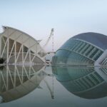 Panoramic view of the City of Arts and Sciences complex in Valencia Spain with reflecting pools