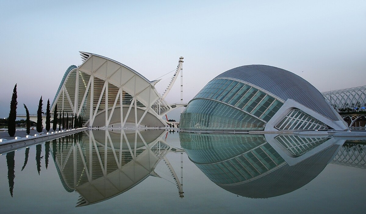 Panoramic view of the City of Arts and Sciences complex in Valencia Spain with reflecting pools