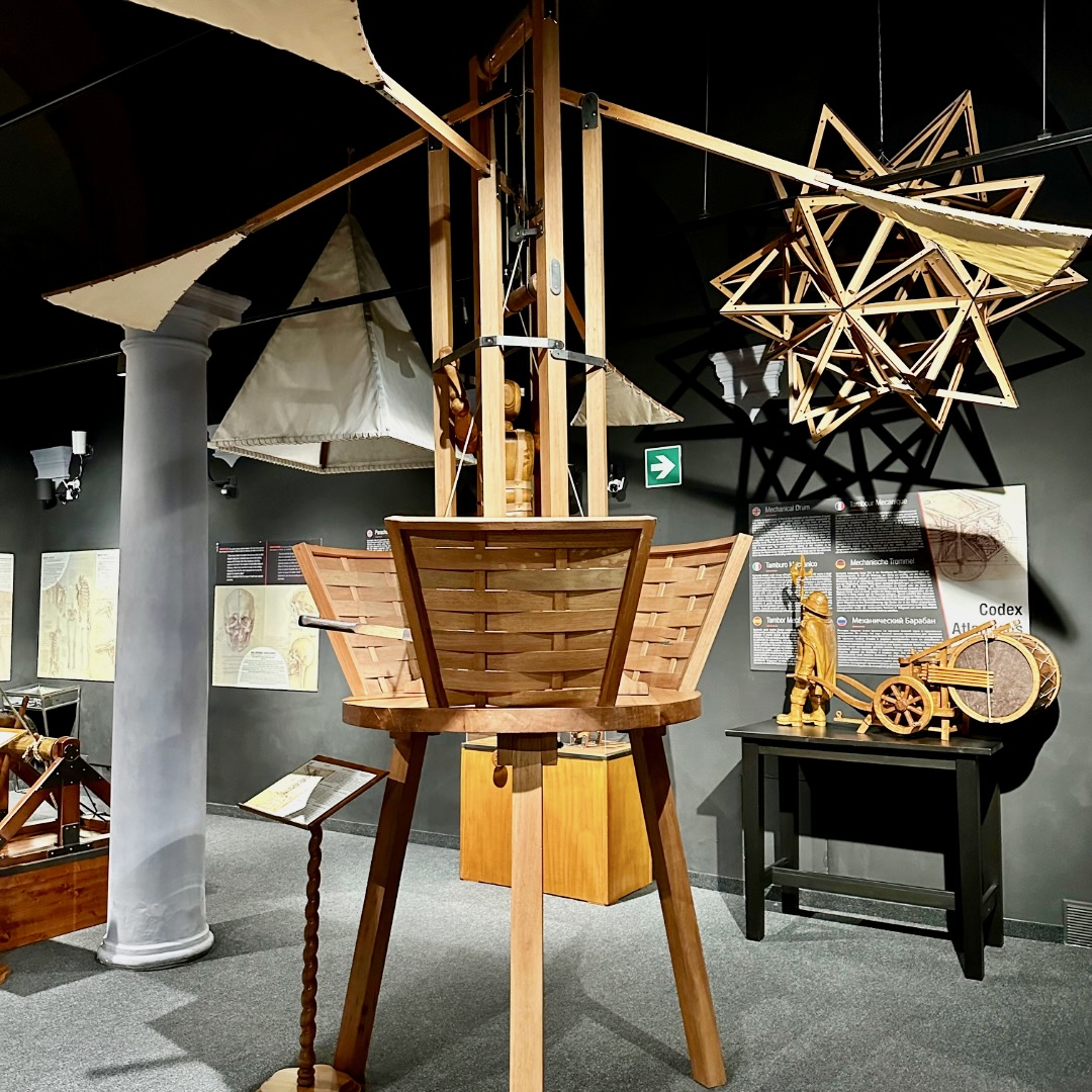 Wooden model of Leonardo da Vinci vertical ornithopter flying machine at the Leonardo Interactive Museum in Florence