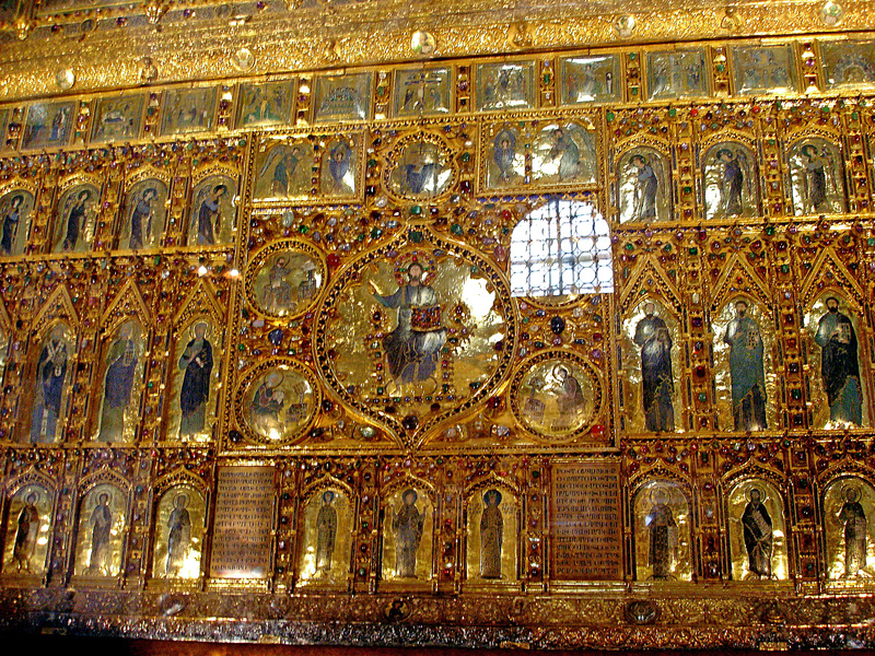 The Pala d Oro golden altarpiece encrusted with jewels and enamel panels inside St Marks Basilica