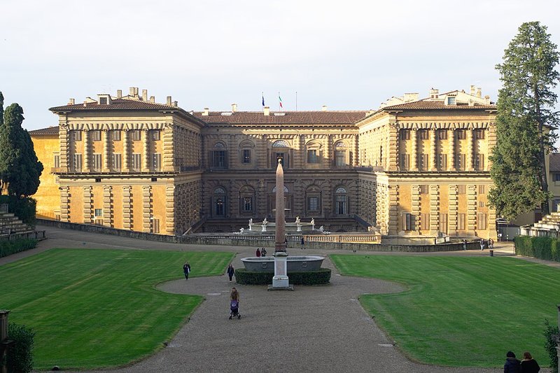 The southern facade of Palazzo Pitti as seen from the Boboli Gardens side showing the palace rear and garden terraces