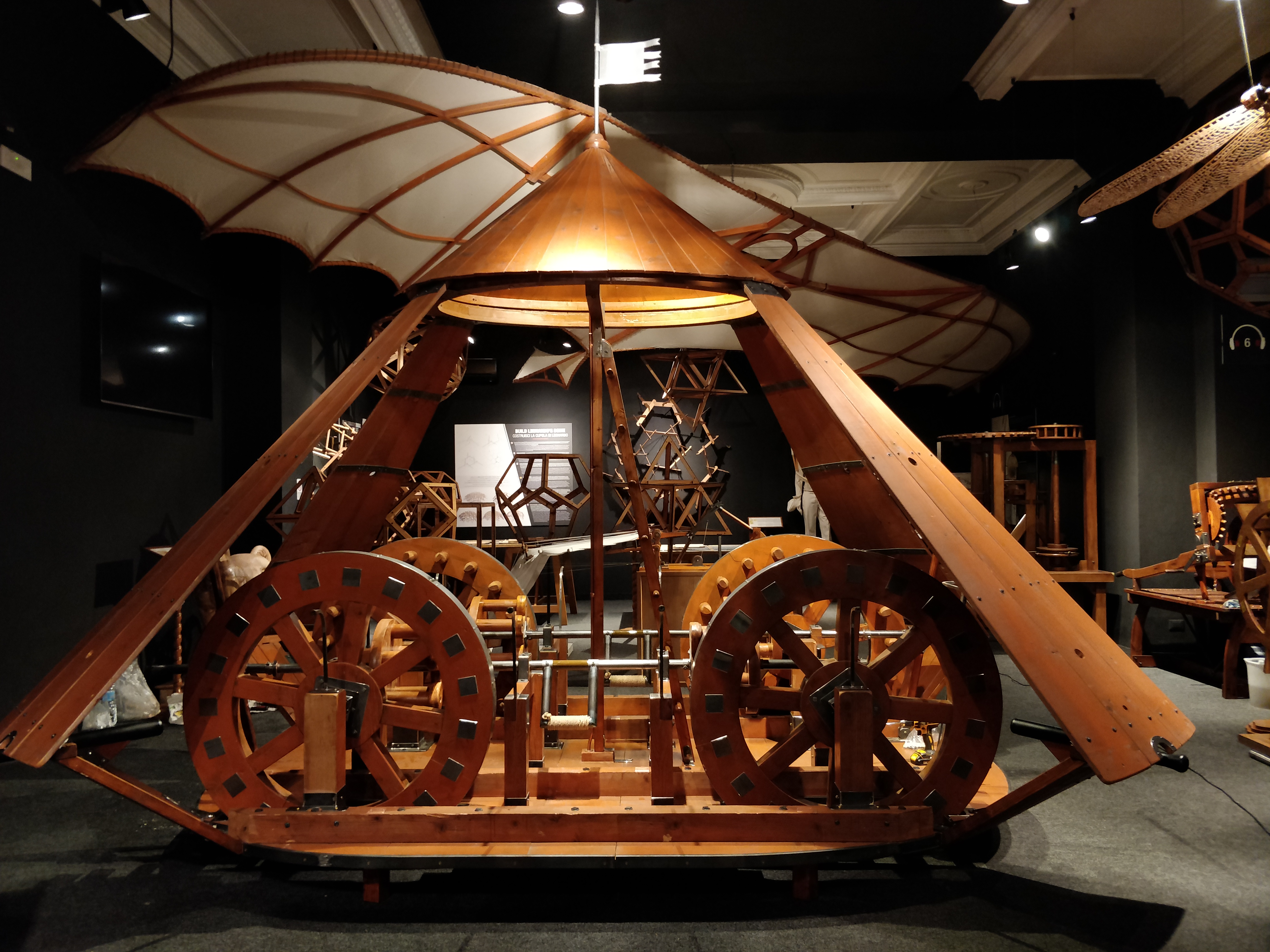 Interactive wooden model of Leonardo da Vinci armored tank design at the museum in Florence