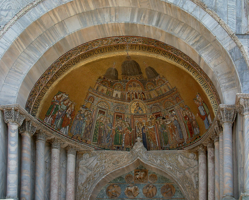 Golden Byzantine mosaic covering the ceiling of St Marks Basilica depicting religious figures