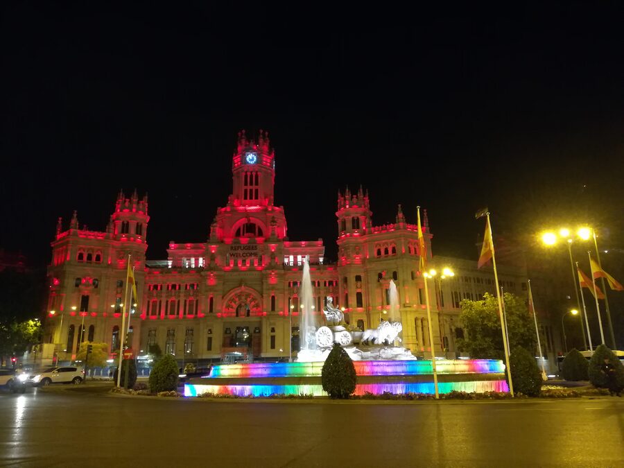 Cibeles Fountain in Madrid illuminated at night