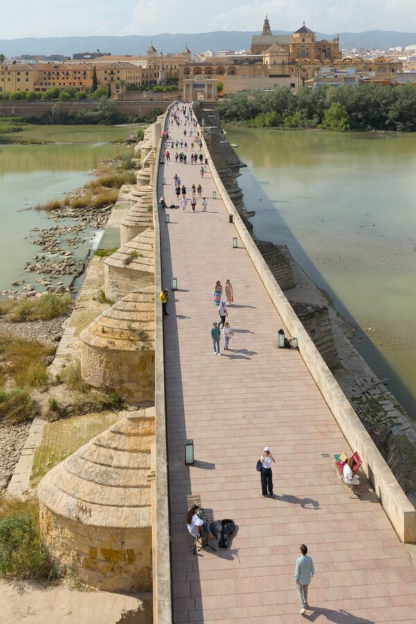 The Roman Bridge of Cordoba viewed from the Calahorra Tower showing all sixteen arches