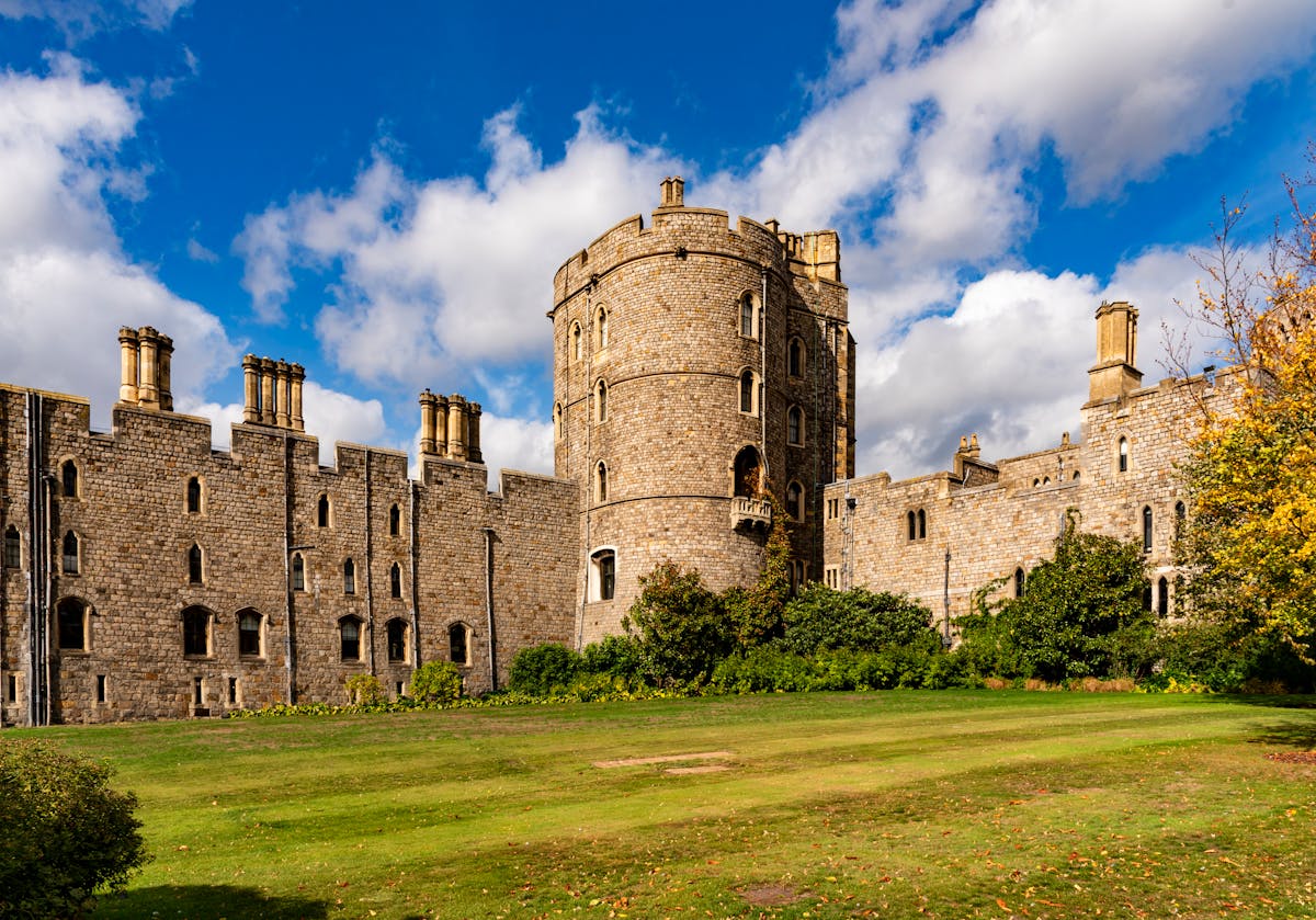Windsor Castle historic architecture under bright blue sky