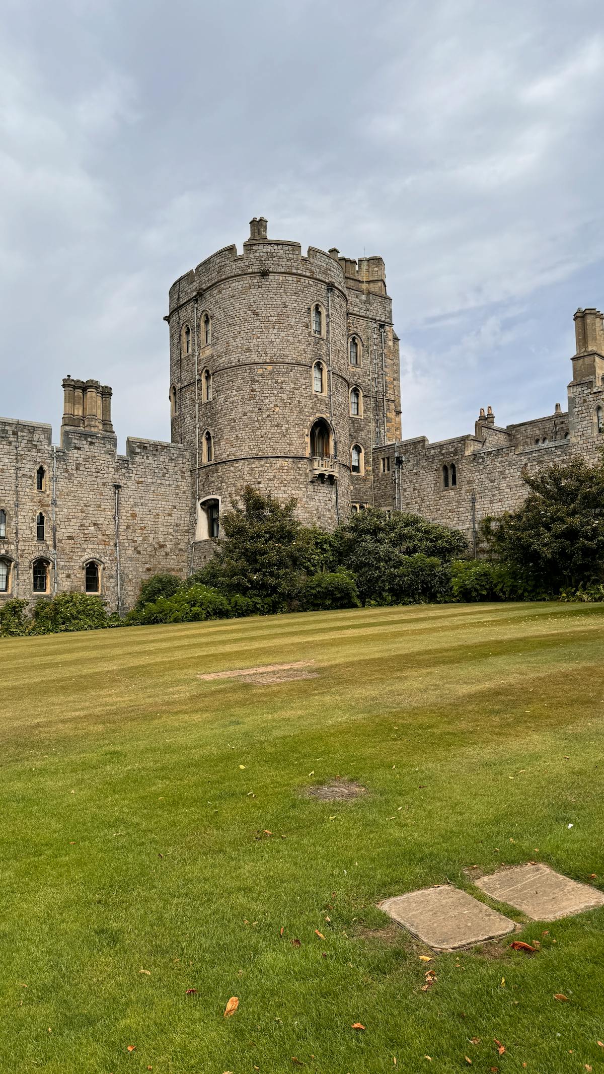 The Round Tower at Windsor Castle surrounded by green lawns