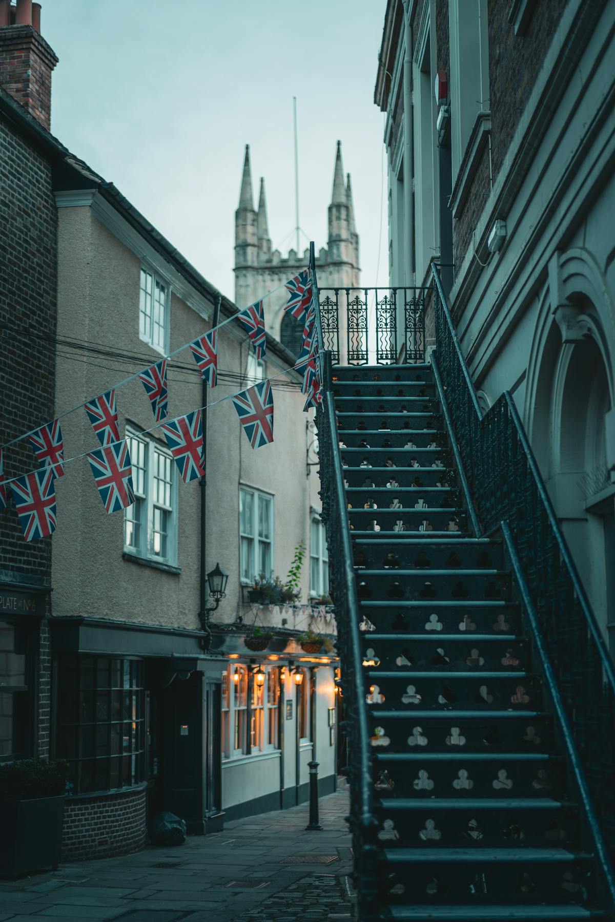 Historic street in Windsor decorated with Union Jack flags