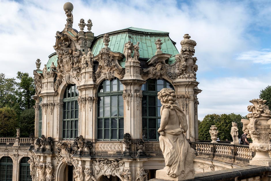 Detailed baroque architecture of the Zwinger Palace gardens in Dresden