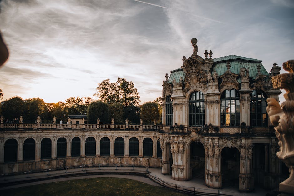 The Zwinger Palace in Dresden bathed in warm sunset light